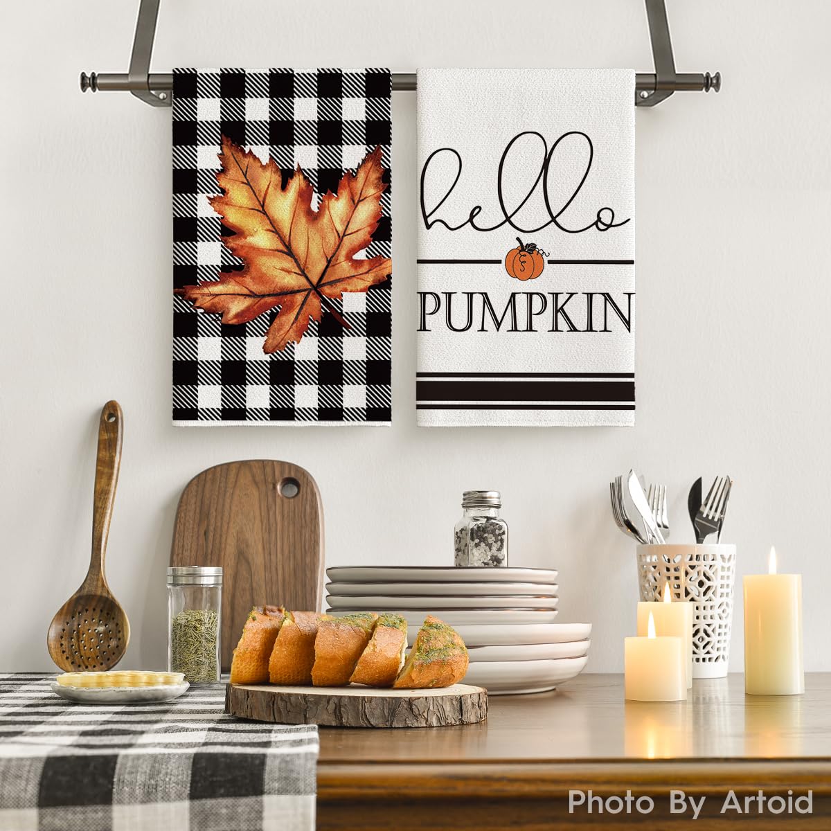 Artoid Mode Buffalo Plaid Pumpkin Hello Fall Kitchen Towels Dish Towels, 18x26 Inch Decoration Hand Towels Set of 4