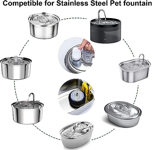 Cat Water Fountain Filters Pet Fountain Filter Replacement Filters Compatible Stainless Steel 2L/67oz, 3.2L/108oz Adjustable Water Flow, 8 Cat Fountain Replacement Filters with 8 Pre-Filter Sponges