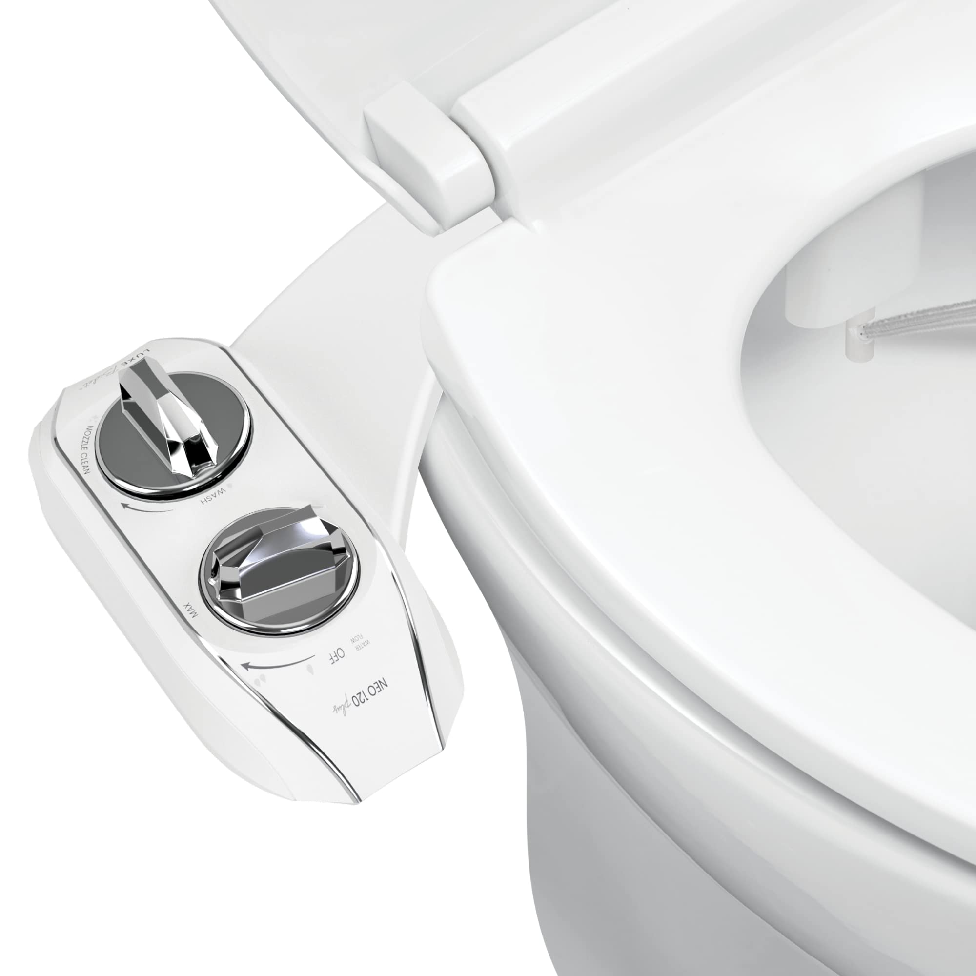 LUXE Bidet NEO 120 Plus - Only Patented Bidet Attachment for Toilet Seat, Innovative Hinges to Clean, Slide-in Easy Install, Advanced 360° Self-Clean, Single Nozzle, Rear Wash (Chrome)