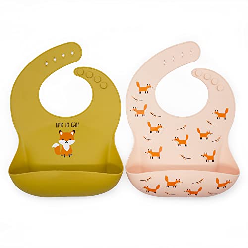 Rainbow & Butterflies |Set of 2| Adjustable Food Grade Cute Silicone Baby Bibs - Unisex for Babies & Toddlers - BPA Free, Easy to Clean, Waterproof, Soft, Durable with Food Catcher (Mango/Bubblegum)