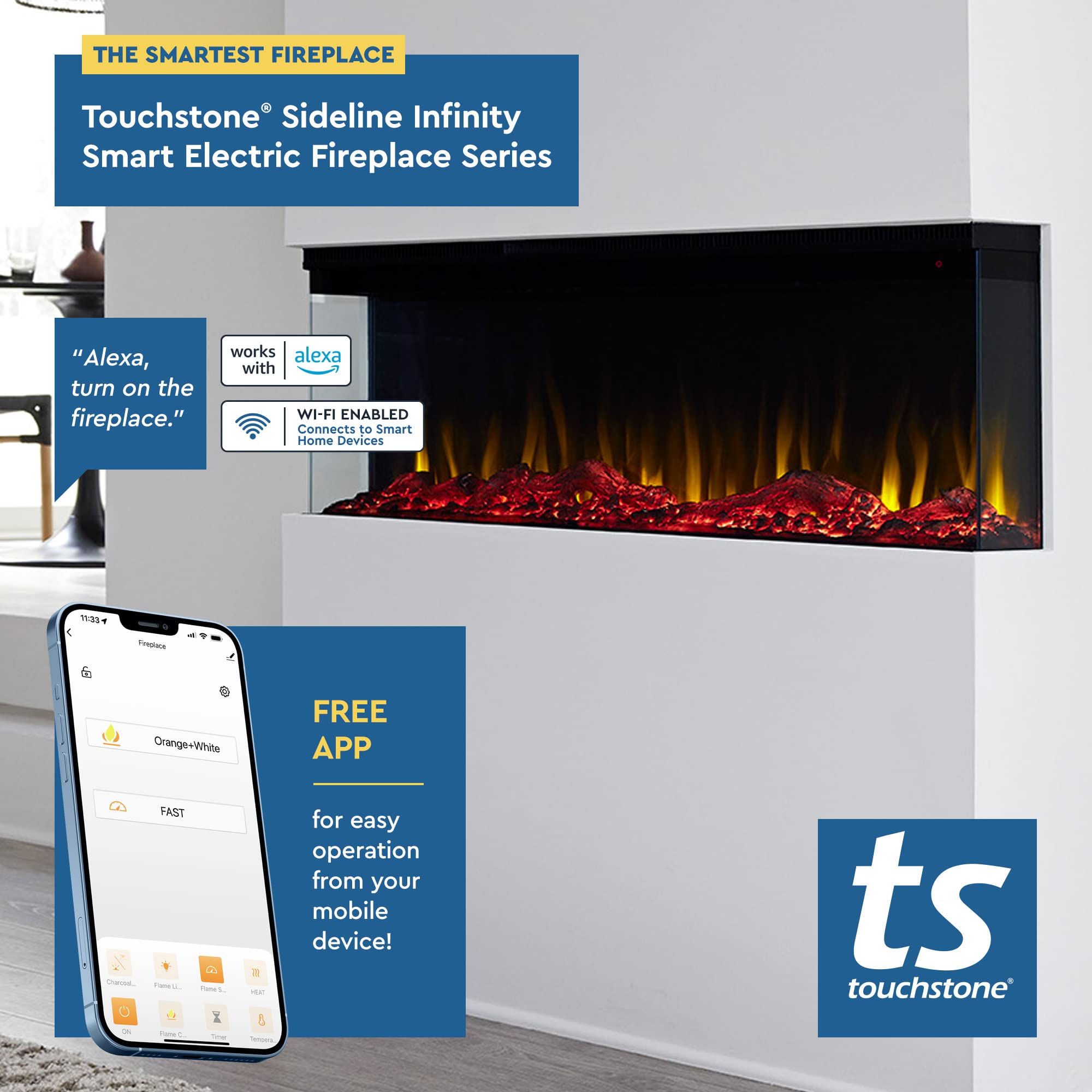 Touchstone Sideline Infinity 3-Sided Smart 72-inch WiFi-Enabled Electric Fireplace - 80051 - Built-in - 60 Color Combinations - 1500/750 Watt Heater (68-88°F Thermostat) - Black - Log & Crystals