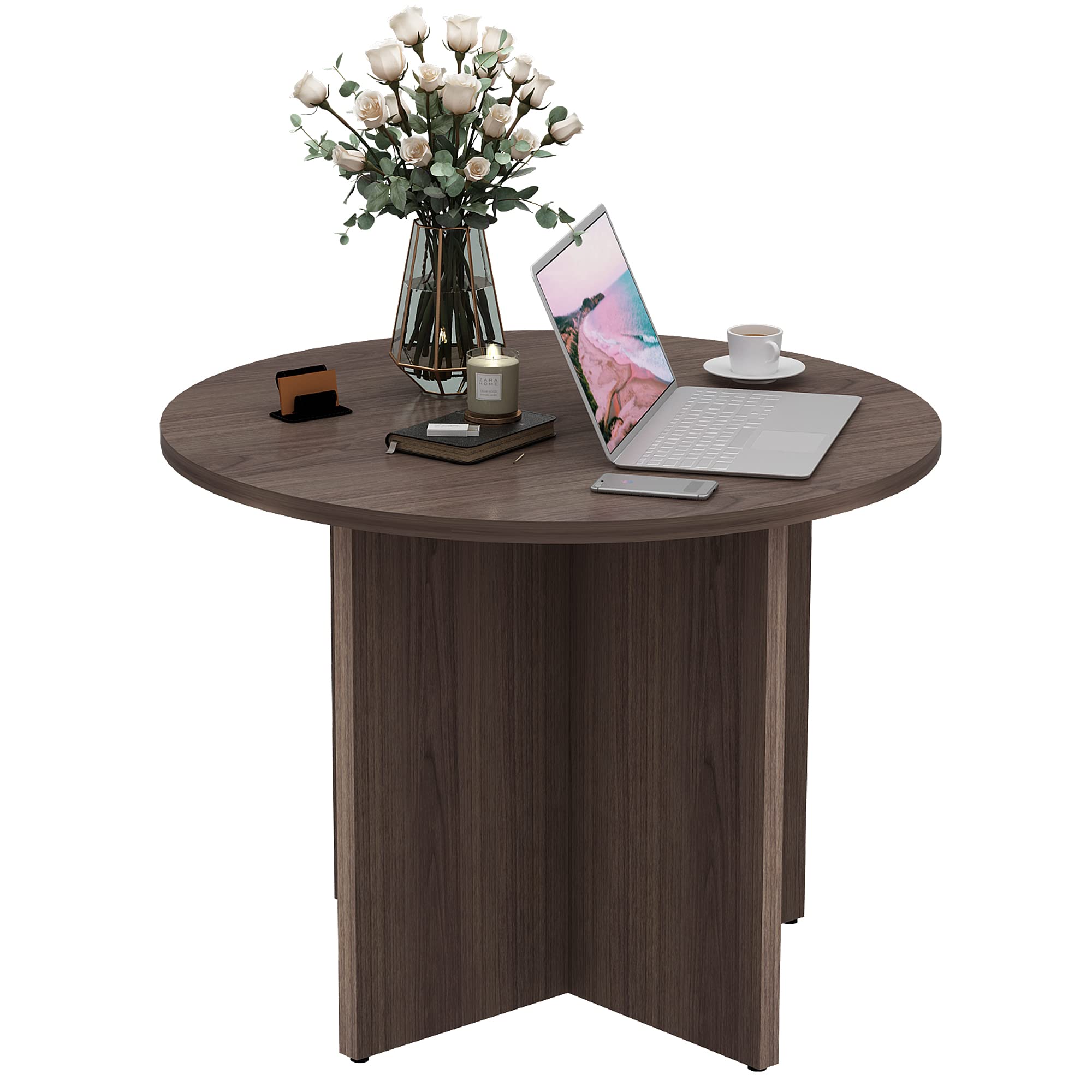 CuHome Round Conference Table, 35.4" Small Commercial Meeting Table for Business, Office Table with X-Shaped Wood Base (Walnut)