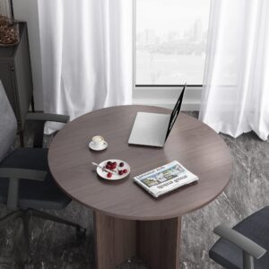 CuHome Round Conference Table, 35.4" Small Commercial Meeting Table for Business, Office Table with X-Shaped Wood Base (Walnut)