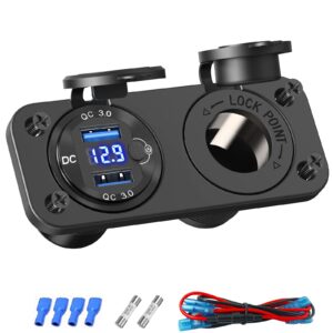 cigarette lighter socket 12v power outlet, qidoe aluminum 40w dual qc3.0 usb charger socket with led voltmeter switch,150w dc lighter socket waterproof 12v plug panel for car boat rv marine golf cart