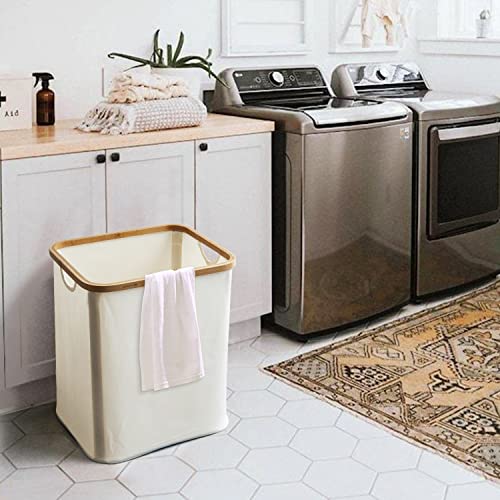 Naturoom 60L Bamboo Storage Basket | Laundry Hamper, Folding Bamboo Frame Fabric Shelf Basket With Handles, Large Cube Organizer For Bathroom, Bedroom Dirty Clothes/Towels/Blankets/Toys Storage Bin