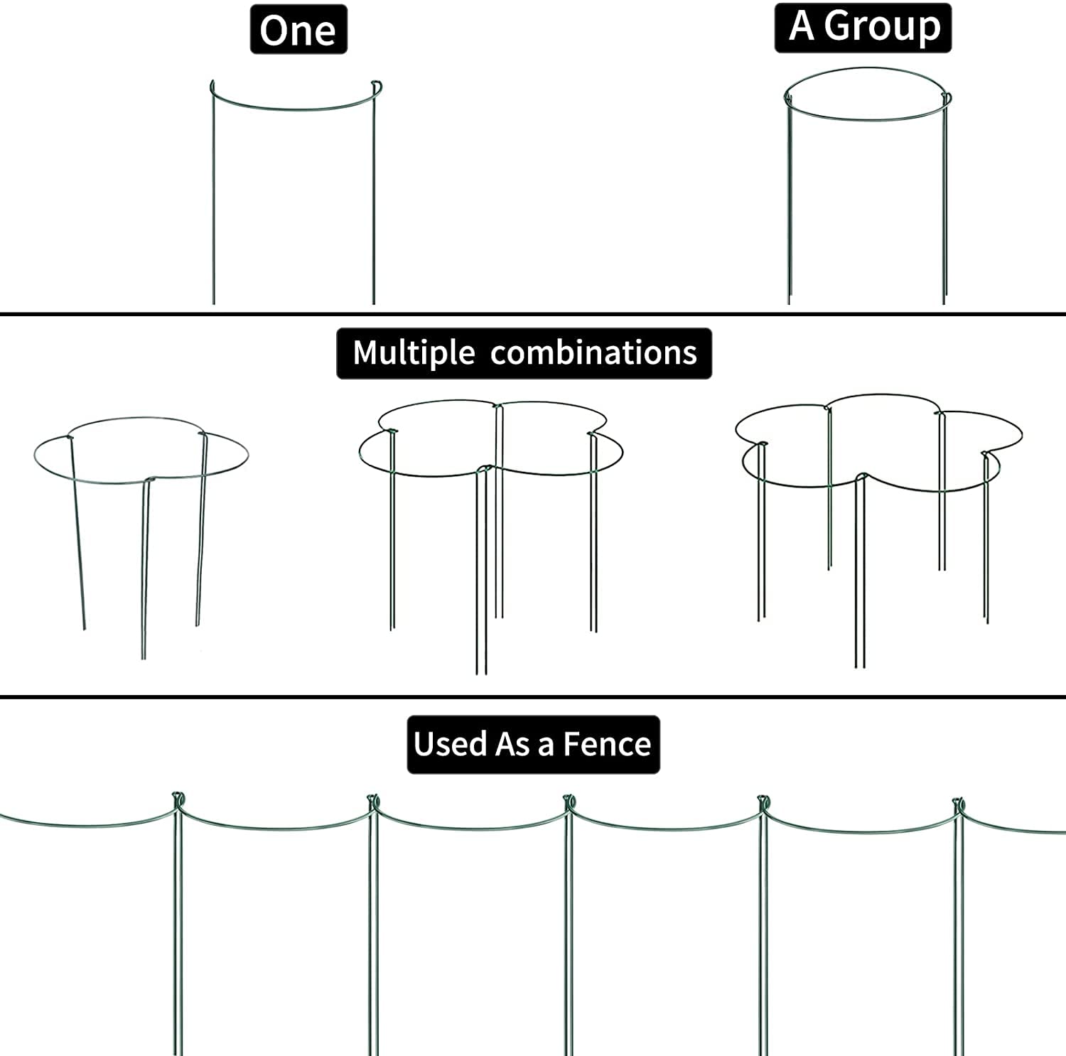 10pack Garden Plant Support Stake 10"Wide x 16"High Half Round Metal Garden Plant Support Ring Border Support, Plant Support Ring Cage for Rose Flowers Vine Tomato with 20pack Plant Clips &Plant Ties