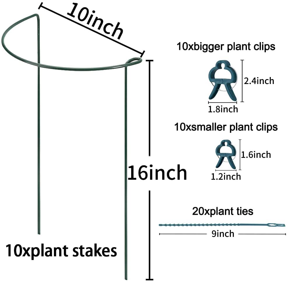 10pack Garden Plant Support Stake 10"Wide x 16"High Half Round Metal Garden Plant Support Ring Border Support, Plant Support Ring Cage for Rose Flowers Vine Tomato with 20pack Plant Clips &Plant Ties