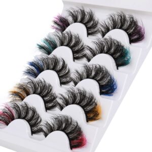 Focipeysa Colored Lashes Fluffy Mink Eyelashes Pink End 8D Dramatic Wispy Lashes C Curl 5 Color Mixed False Eyelashes Eye (Pink Orange Purple Green Blue)