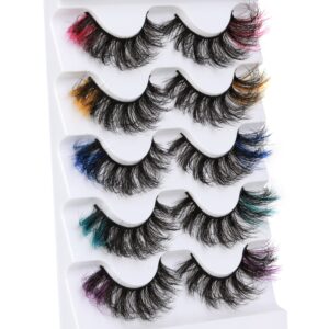 Focipeysa Colored Lashes Fluffy Mink Eyelashes Pink End 8D Dramatic Wispy Lashes C Curl 5 Color Mixed False Eyelashes Eye (Pink Orange Purple Green Blue)