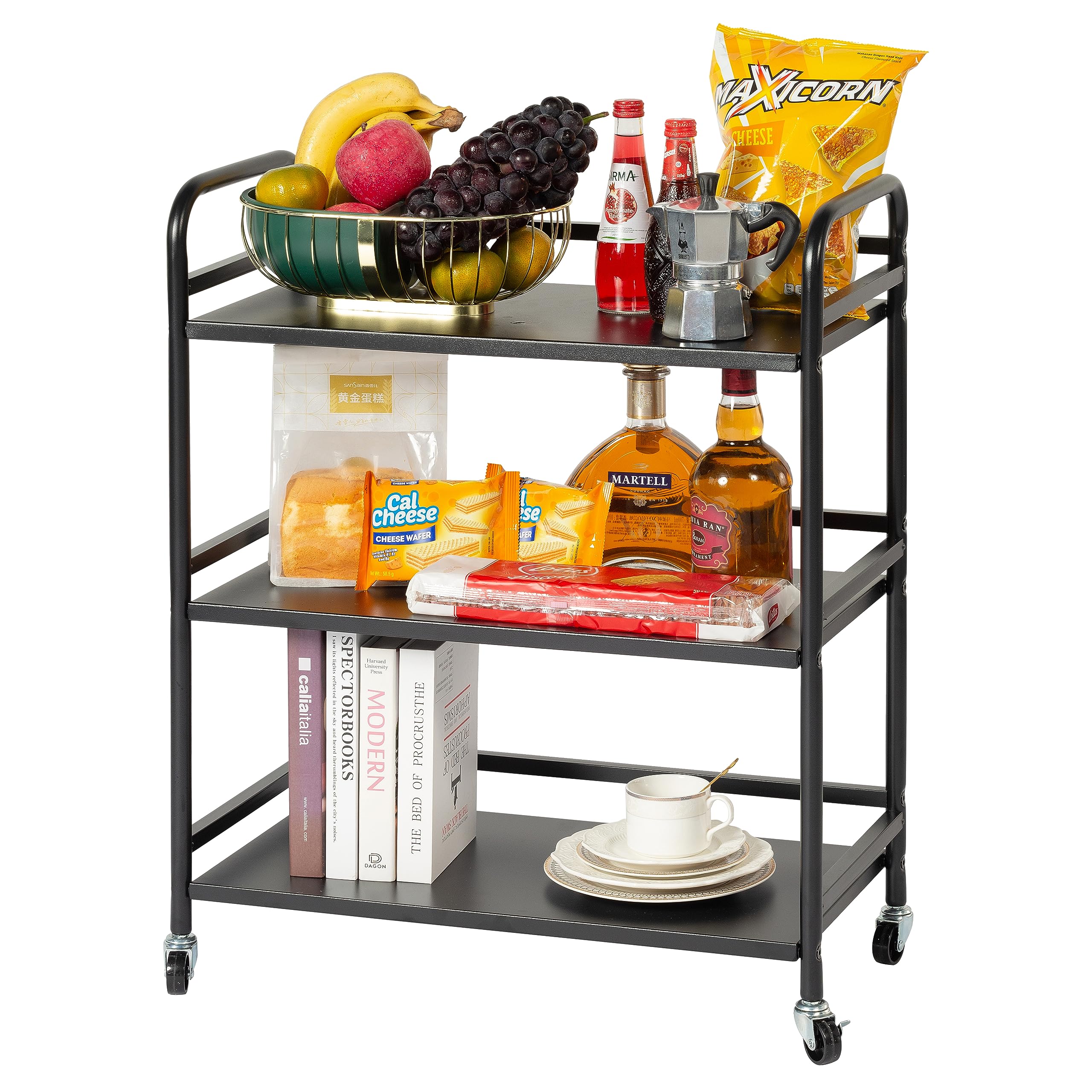 DCLRN 3 Tier Rolling Cart with Lockable Wheels Sturdy Construction,Solid Shelves,Recessed Screw Holes Ideal for Kitchen and Home Storage Size:23.6" Dx11.8 Wx29.5 H(Black)