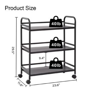 DCLRN 3 Tier Rolling Cart with Lockable Wheels Sturdy Construction,Solid Shelves,Recessed Screw Holes Ideal for Kitchen and Home Storage Size:23.6" Dx11.8 Wx29.5 H(Black)