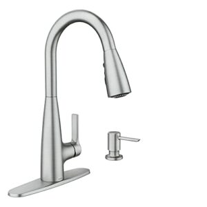 moen haelyn spot resist stainless single-handle pull-down sprayer kitchen faucet featuring power boost for a faster clean, soap dispenser included, 87627srs