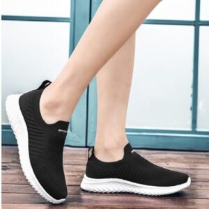 inupon Womens Slip On Knit Sneaker No Tie Sock Walking Shoes Casual Work Shoes (9, Black)