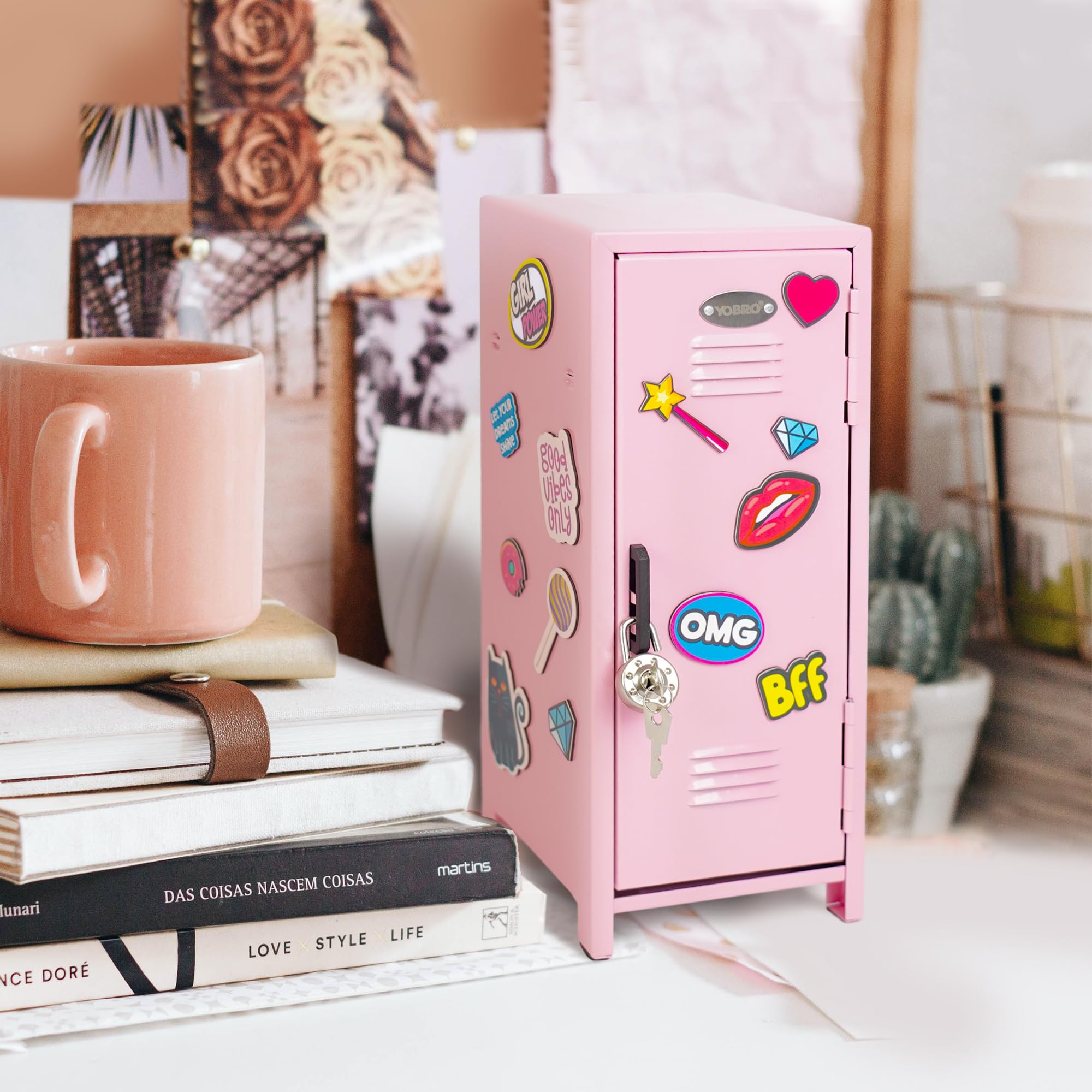 YOBRO Mini Iron Lockers, Girl Talk Locker with Lock,Small Safe Box Locker for Money, Miniature Storage Locker for Desk Bedroom Home Office School, Metal Little Locker Gift for Girls, Pink