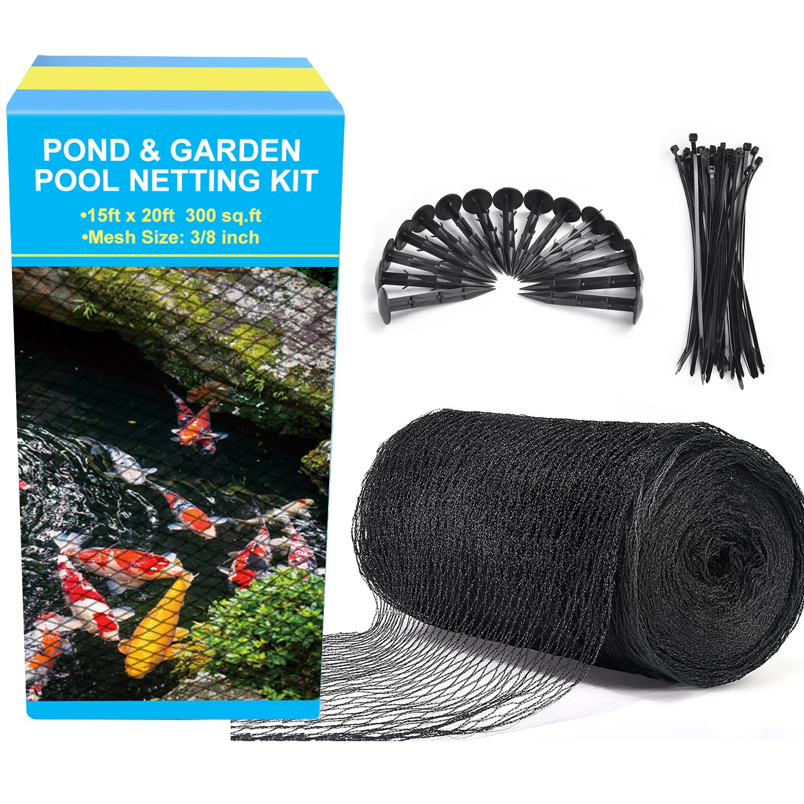 Pond Netting, 15 x 20 FT Pond Net Heavy Duty Pond Netting for Koi Ponds, Garden Pool Fine Mesh Netting Kit for Leaves, Protects Koi Fish from Birds Cats Predators, with 14 Stakes and 30 Cable Zip Ties