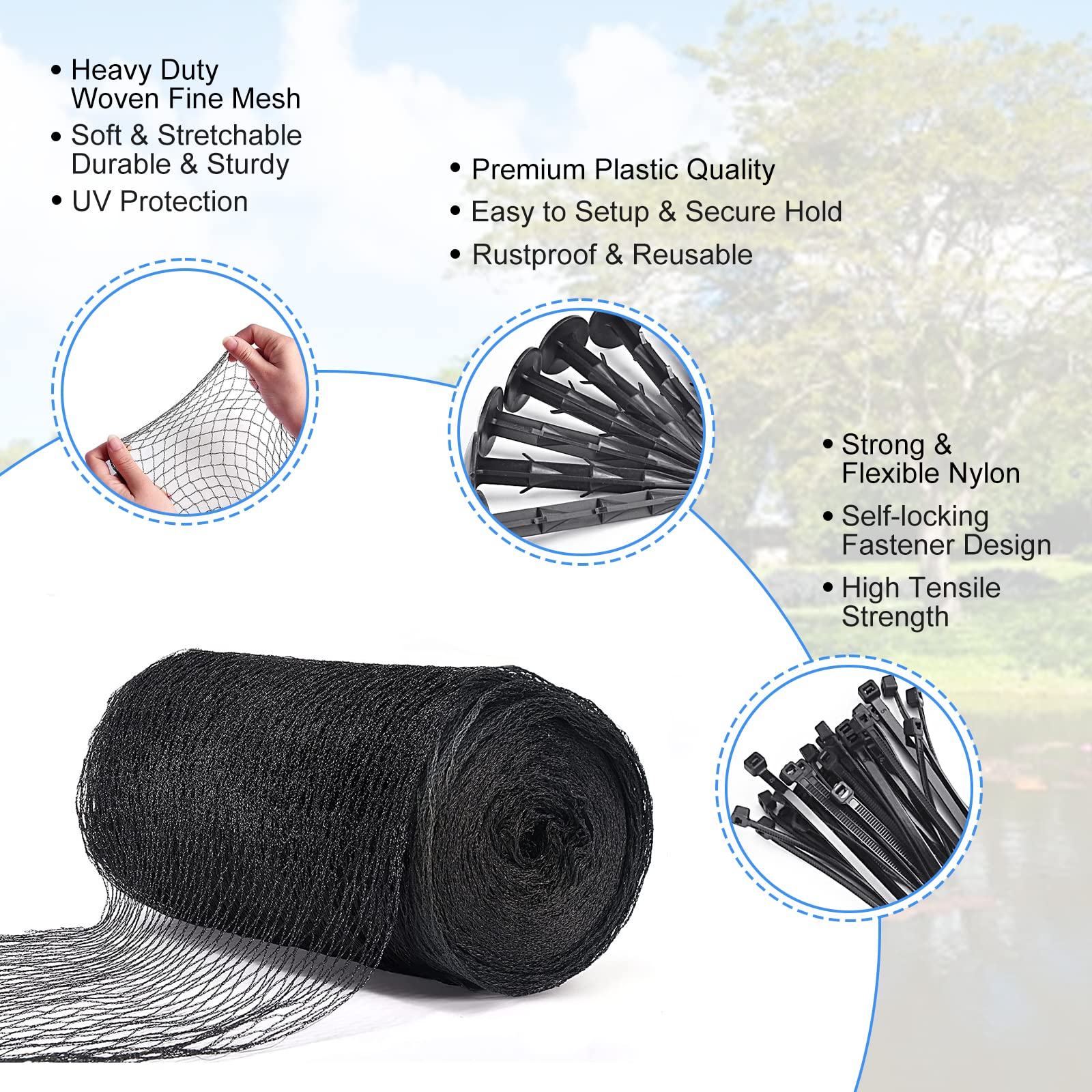 Pond Netting, 15 x 20 FT Pond Net Heavy Duty Pond Netting for Koi Ponds, Garden Pool Fine Mesh Netting Kit for Leaves, Protects Koi Fish from Birds Cats Predators, with 14 Stakes and 30 Cable Zip Ties