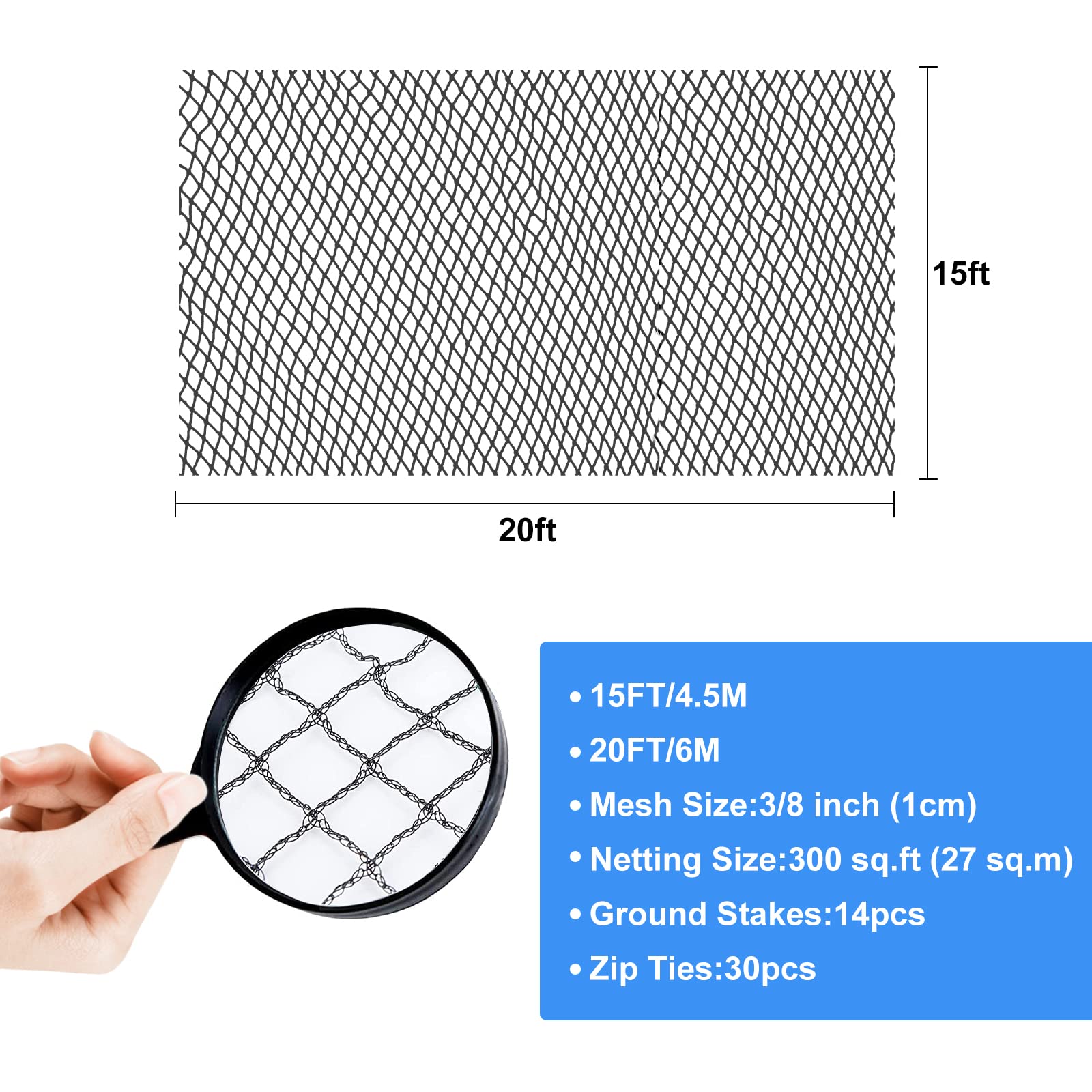 Pond Netting, 15 x 20 FT Pond Net Heavy Duty Pond Netting for Koi Ponds, Garden Pool Fine Mesh Netting Kit for Leaves, Protects Koi Fish from Birds Cats Predators, with 14 Stakes and 30 Cable Zip Ties