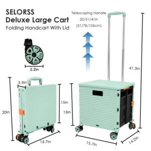 SELORSS Foldable Utility Cart Portable Collapsible Crate Rolling Carts with Wheels Rolling Tote Basket Teacher Cart with Lid Wear-Resistant 360°Rotate Wheel Noiseless for Shopping Storage Office Use