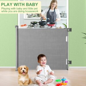 Retractable Baby Gate, Extra Wide Safety Kids or Pets Gate, 33” Tall, Extends to 71” Wide, Mesh Safety Dog Gate for Stairs, Indoor, Outdoor, Doorways, Hallways(33”x71”- Grey)