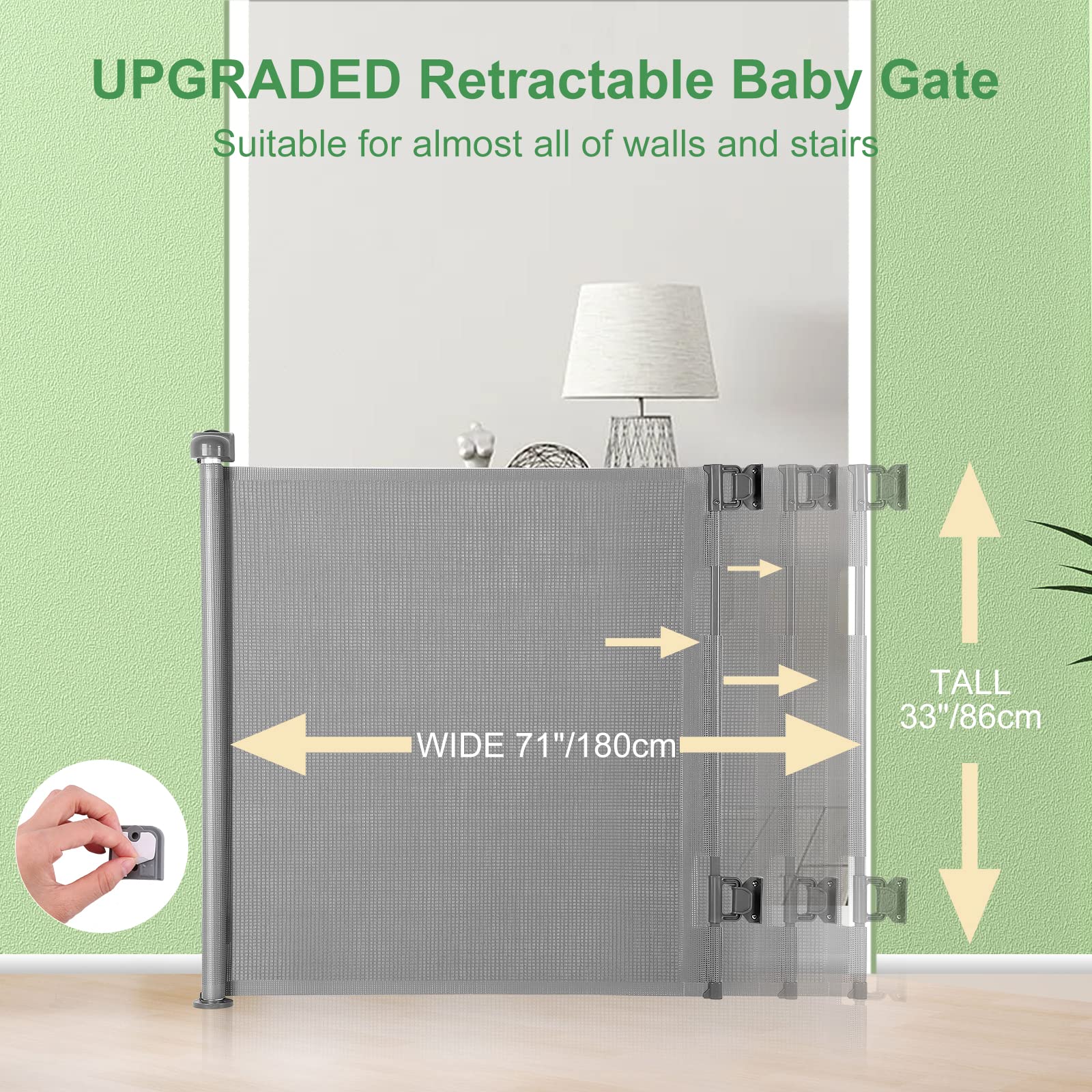 Retractable Baby Gate, Extra Wide Safety Kids or Pets Gate, 33” Tall, Extends to 71” Wide, Mesh Safety Dog Gate for Stairs, Indoor, Outdoor, Doorways, Hallways(33”x71”- Grey)