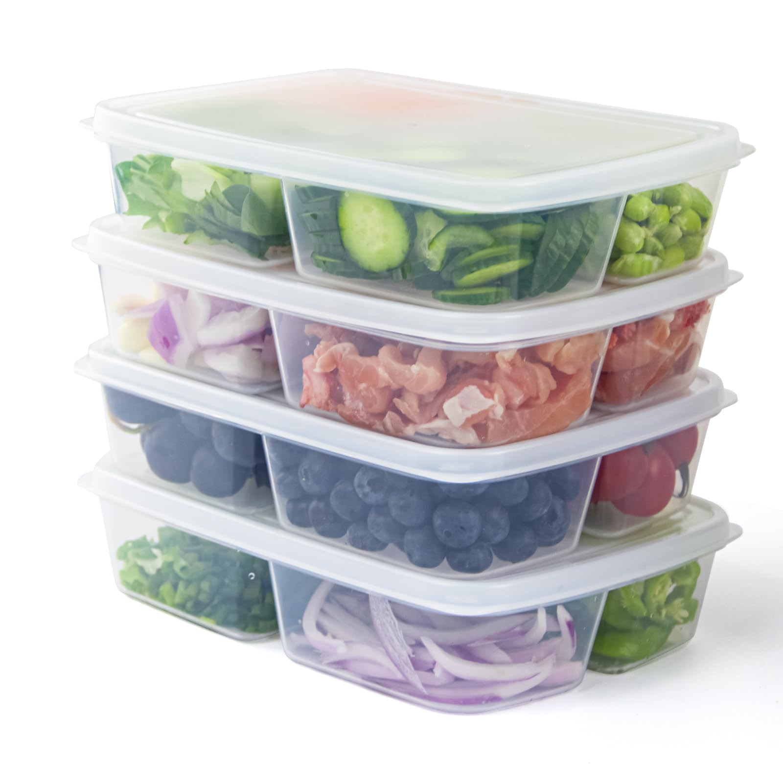 Zuiaso 4 Pcs Reusable 4 Compartment Food Storage Containers with Lids, Food Containers for Storing fruits, Meat, Vegetables.