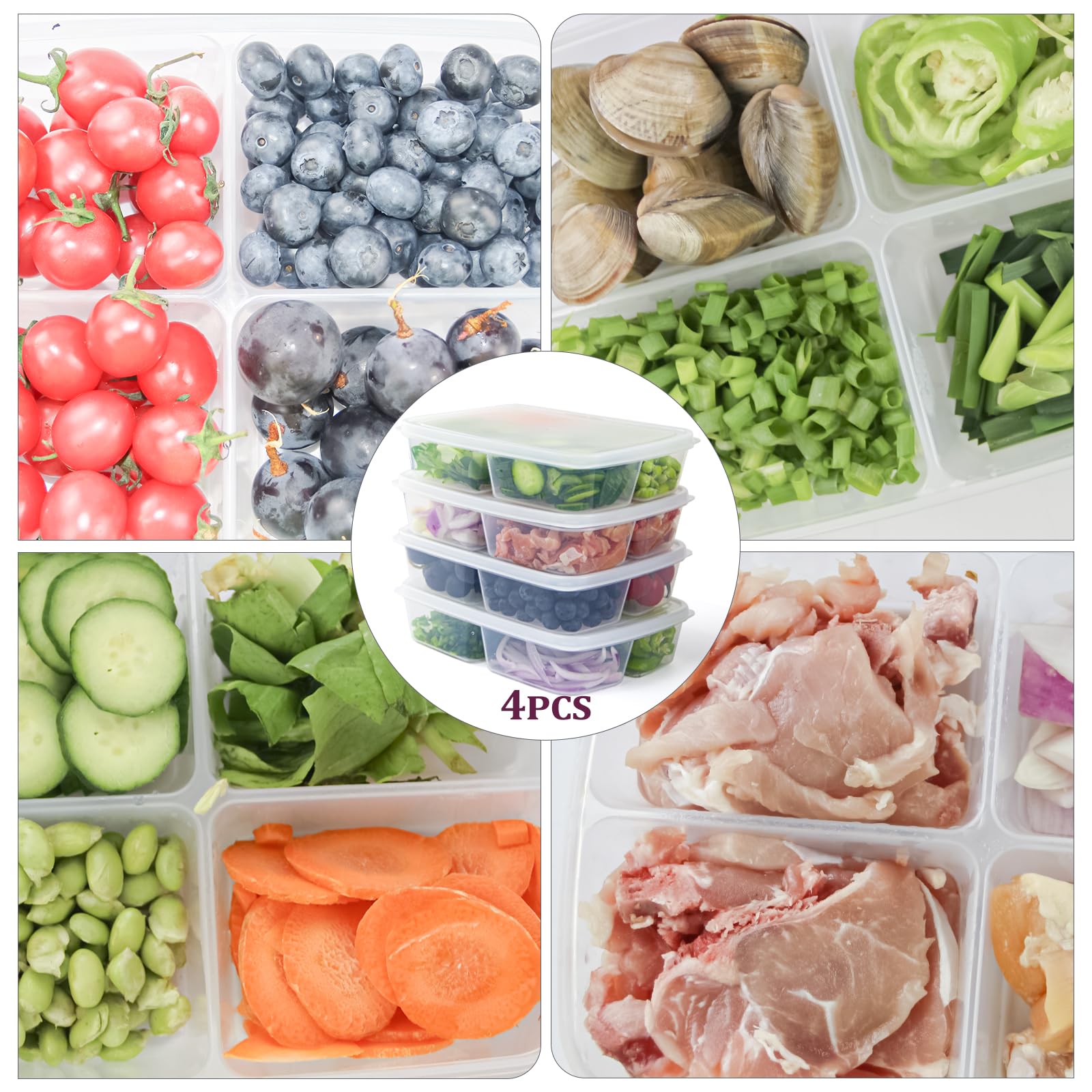 Zuiaso 4 Pcs Reusable 4 Compartment Food Storage Containers with Lids, Food Containers for Storing fruits, Meat, Vegetables.