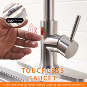 OWOFAN Touchless Kitchen Faucet with Pull Down Sprayer LED Light Single Handle Kitchen Sink Faucet Motion Sensor Smart Hands-Free, Stainless Steel Brushed Nickel 1072SN