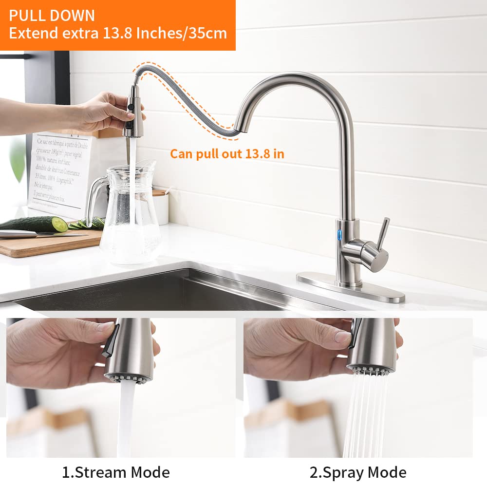 OWOFAN Touchless Kitchen Faucet with Pull Down Sprayer LED Light Single Handle Kitchen Sink Faucet Motion Sensor Smart Hands-Free, Stainless Steel Brushed Nickel 1072SN