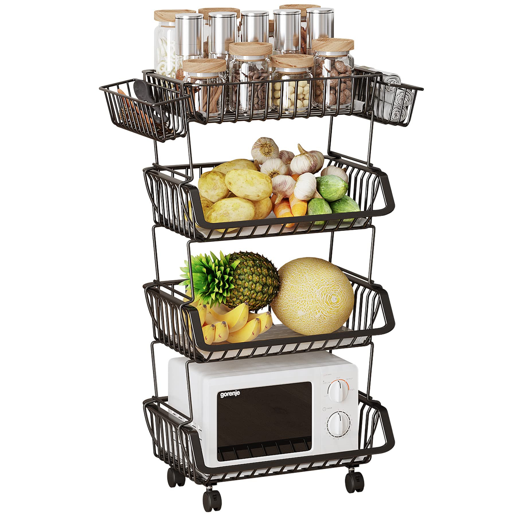 JIUYOTREE 4-Tier Fruit Basket Cart with Wheels, Metal Wire Fruit Vegetable Storage Basket Organizer with Two Free Baskets for Kitchen,Pantry, Garage, Black