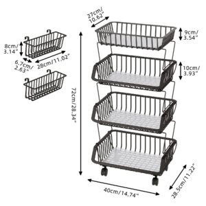 JIUYOTREE 4-Tier Fruit Basket Cart with Wheels, Metal Wire Fruit Vegetable Storage Basket Organizer with Two Free Baskets for Kitchen,Pantry, Garage, Black