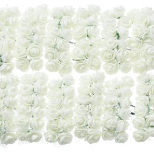 Gumolutin 144PCS Mini Fake Roses Artificial Foam Rose Heads with Wire Rods DIY Wedding Flowers Accessories Make Bridal Hair Clips Headbands Dress,Milk White