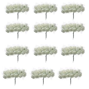 Gumolutin 144PCS Mini Fake Roses Artificial Foam Rose Heads with Wire Rods DIY Wedding Flowers Accessories Make Bridal Hair Clips Headbands Dress,Milk White