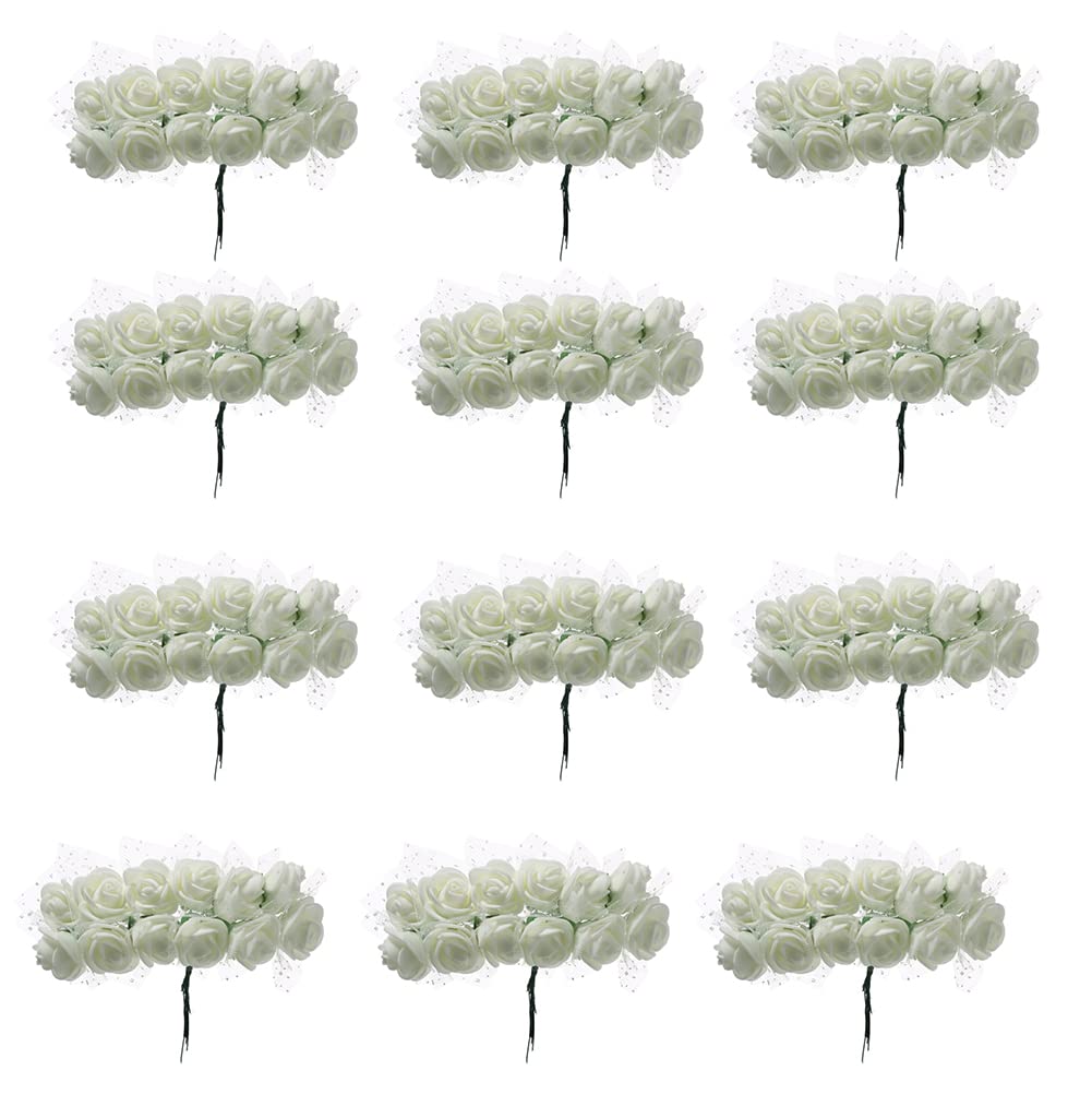 Gumolutin 144PCS Mini Fake Roses Artificial Foam Rose Heads with Wire Rods DIY Wedding Flowers Accessories Make Bridal Hair Clips Headbands Dress,Milk White