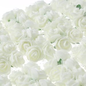 Gumolutin 144PCS Mini Fake Roses Artificial Foam Rose Heads with Wire Rods DIY Wedding Flowers Accessories Make Bridal Hair Clips Headbands Dress,Milk White