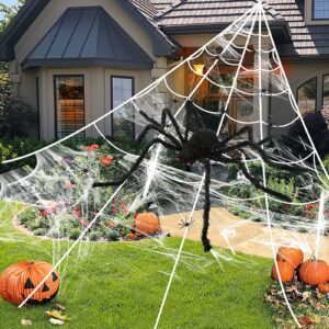 anerbili spider web halloween decoration, 236" spider web+ 60" giant spider decorations fake spider with triangular huge spider web for indoor outdoor halloween decor yard home haunted house decor