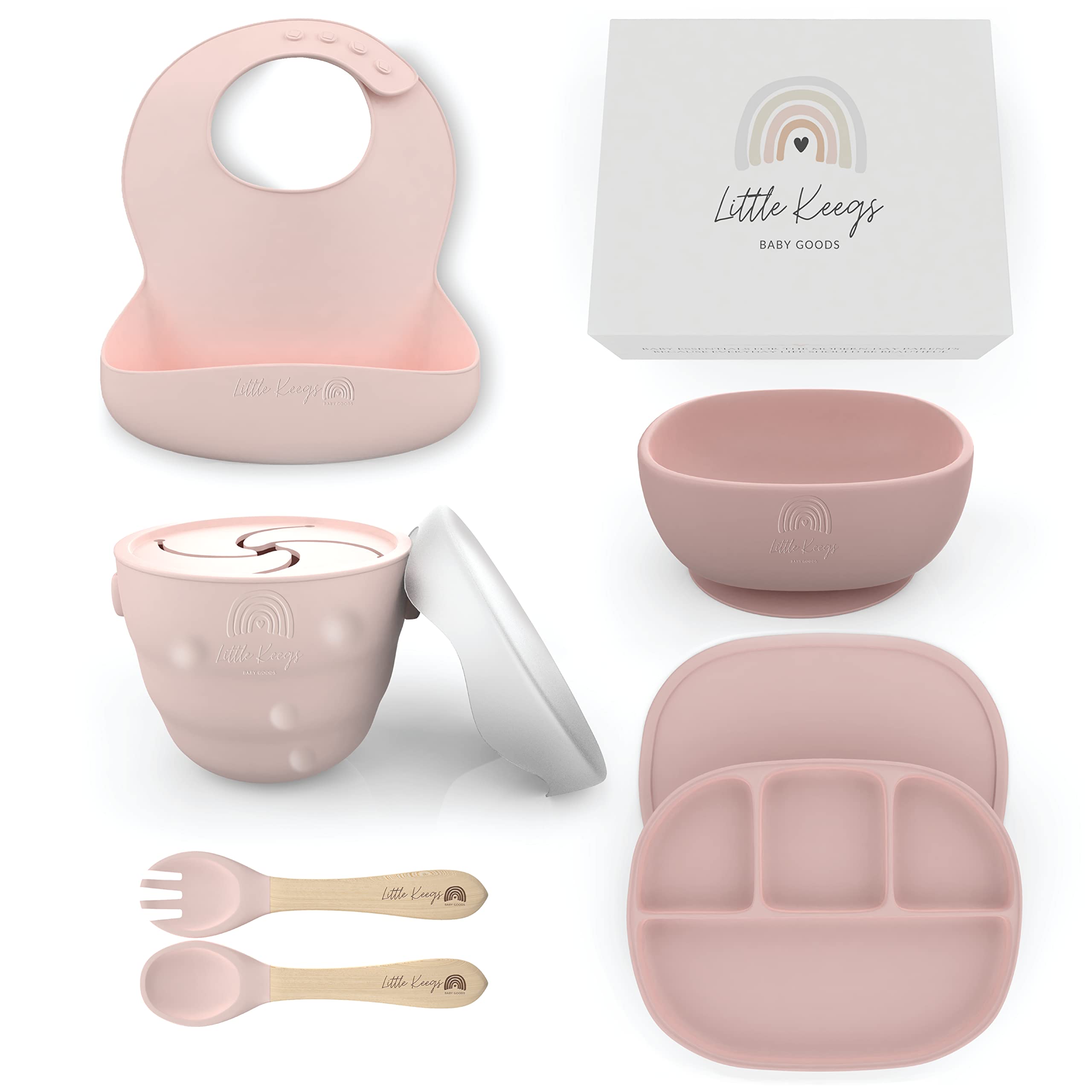 Little Keegs Baby Feeding Set - Baby Must Haves Gift Set - Baby Led Weaning Supplies - Toddler Silicone Dishes - Suction Baby Bowl, Bib, Snack Cup, Utensils, Baby Plate Set of 8 (Pink)