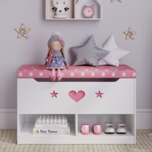 sturdis kids toy box – pink & white with cushion storage bench seat, toy storage chest and cubby space for shoes and books organizers