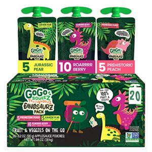 gogo squeez fruit & veggiez variety pack, jurassic pear, roarrrr berry & prehistoric peach, 3.2 oz (pack of 20), unsweetened snacks for kids, no gluten, nut & dairy, recloseable cap, bpa free pouches