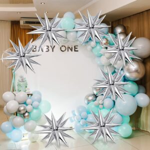 Silver Explosion Star Foil Balloons 50pcs Silver Starburst Balloons 26'' Big Foil Cone Balloon 12 Cone Point Star Balloon Metallic Spike Balloon Birthday Wedding Anniversary Backdrop Baby Shower Decor