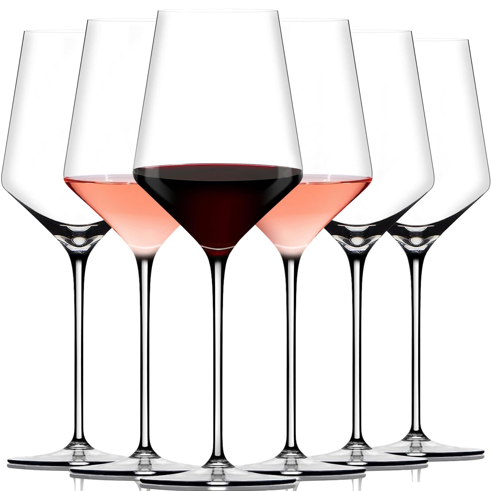 Physkoa Wine Glasses Set of 6-14 oz, Thin Rim, Crystal, Hand Blown, Long Stem - Perfect for Red or White, Gifts for Wine Lovers, Valentine's Day Gifts