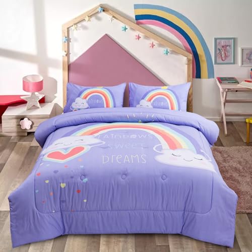 A Nice Night Bedding 3 Piece Cartoon Rainbow Bedding Set with Cloud Printed for Girls Toddler Bed Comforter Sets (Purple-Rainbow, Full)