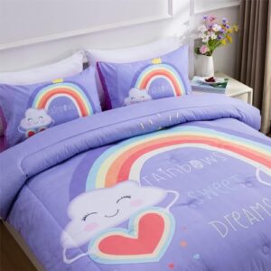 A Nice Night Bedding 3 Piece Cartoon Rainbow Bedding Set with Cloud Printed for Girls Toddler Bed Comforter Sets (Purple-Rainbow, Full)