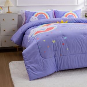 A Nice Night Bedding 3 Piece Cartoon Rainbow Bedding Set with Cloud Printed for Girls Toddler Bed Comforter Sets (Purple-Rainbow, Full)