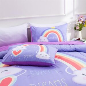 A Nice Night Bedding 3 Piece Cartoon Rainbow Bedding Set with Cloud Printed for Girls Toddler Bed Comforter Sets (Purple-Rainbow, Full)