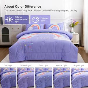 A Nice Night Bedding 3 Piece Cartoon Rainbow Bedding Set with Cloud Printed for Girls Toddler Bed Comforter Sets (Purple-Rainbow, Full)