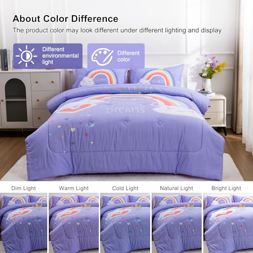 A Nice Night Bedding 3 Piece Cartoon Rainbow Bedding Set with Cloud Printed for Girls Toddler Bed Comforter Sets (Purple-Rainbow, Full)