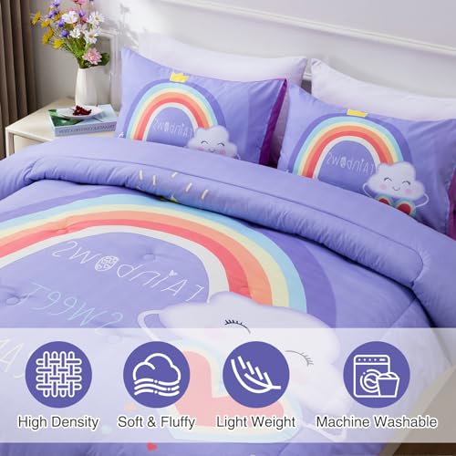 A Nice Night Bedding 3 Piece Cartoon Rainbow Bedding Set with Cloud Printed for Girls Toddler Bed Comforter Sets (Purple-Rainbow, Full)