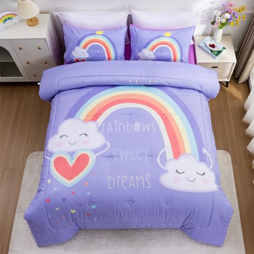 A Nice Night Bedding 3 Piece Cartoon Rainbow Bedding Set with Cloud Printed for Girls Toddler Bed Comforter Sets (Purple-Rainbow, Full)