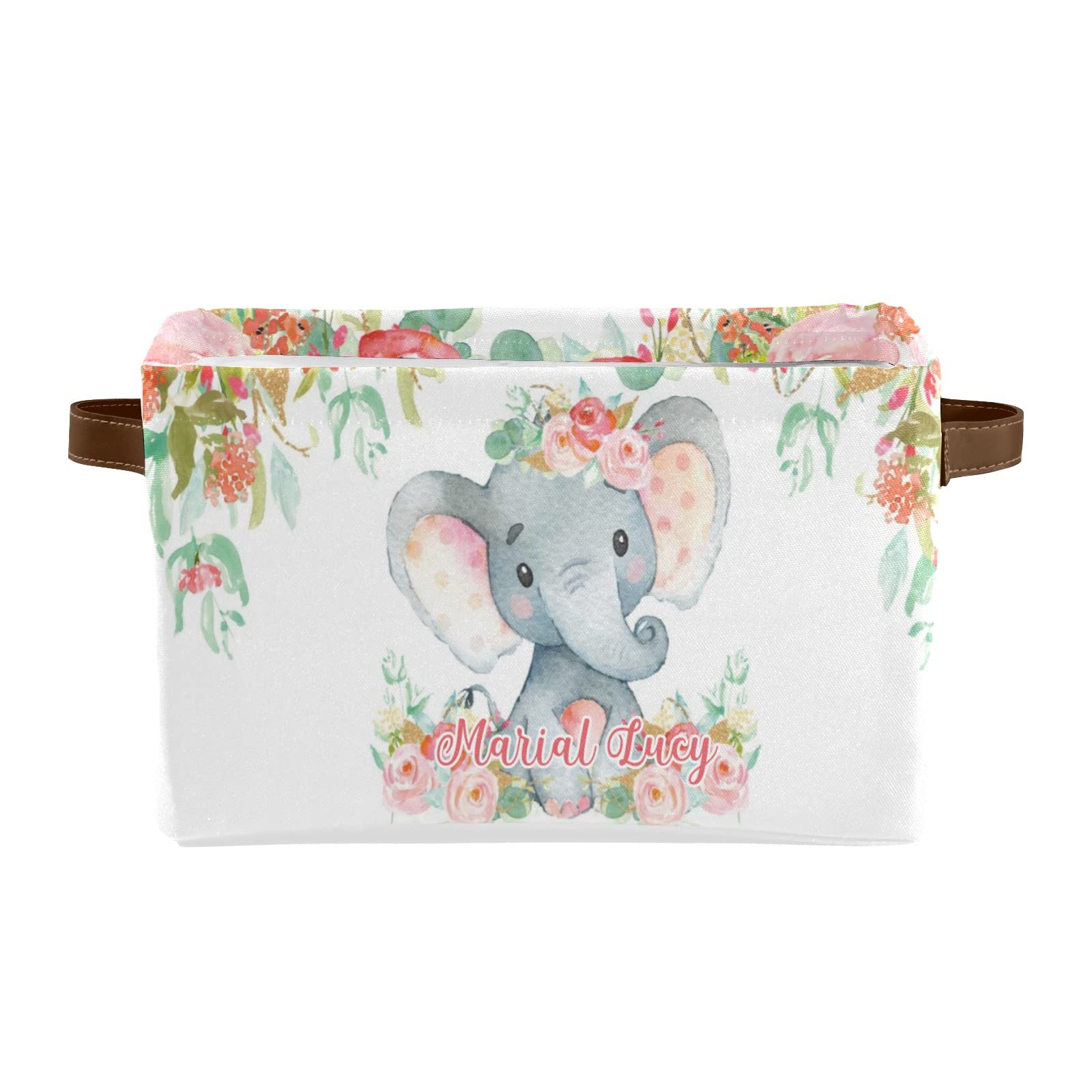 Elephant and Flower Personalized Storage Bins Basket Cubic Organizer with Durable Handle for Shelves Wardrobe Nursery Toy 2 Pack