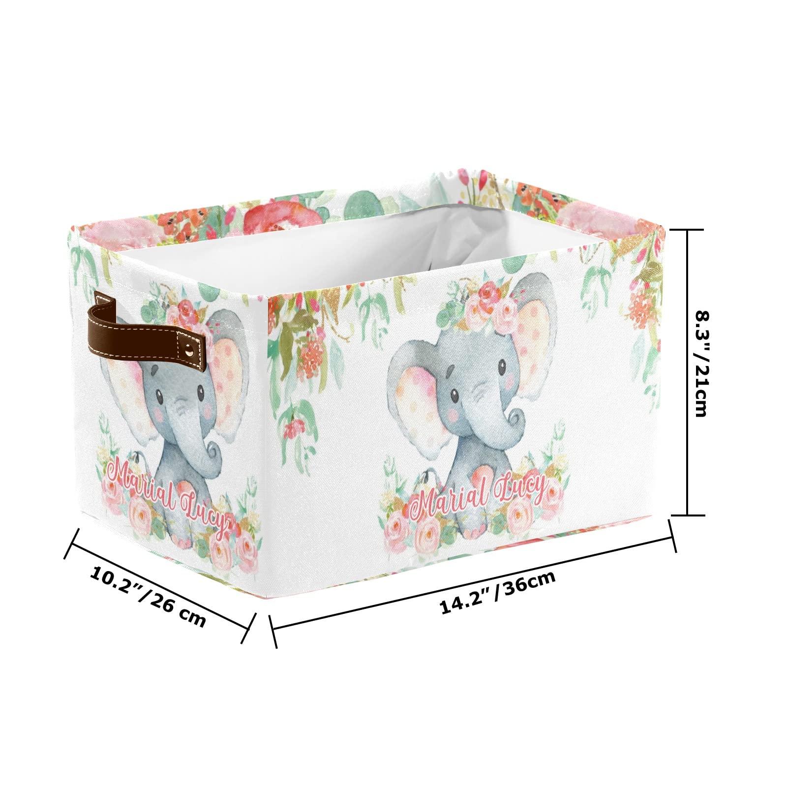 Elephant and Flower Personalized Storage Bins Basket Cubic Organizer with Durable Handle for Shelves Wardrobe Nursery Toy 2 Pack